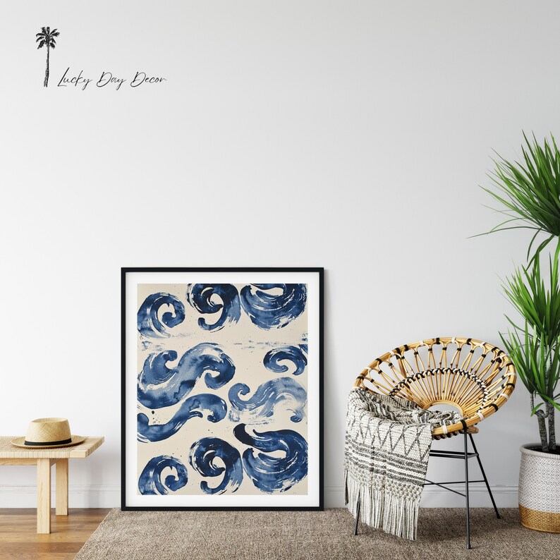 Abstract Sealife Set of 2 Waves & Turtle Navy Blue Coastal Art Sea ...