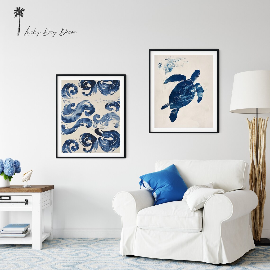 Abstract Sealife Set of 2 Waves & Turtle Navy Blue Coastal Art Sea ...