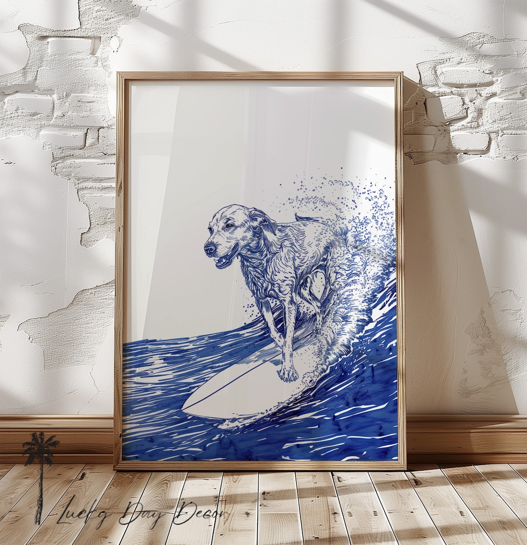 Surfing Dog Labrador Wave Print - Vintage Coastal Wall Art for Dog ...