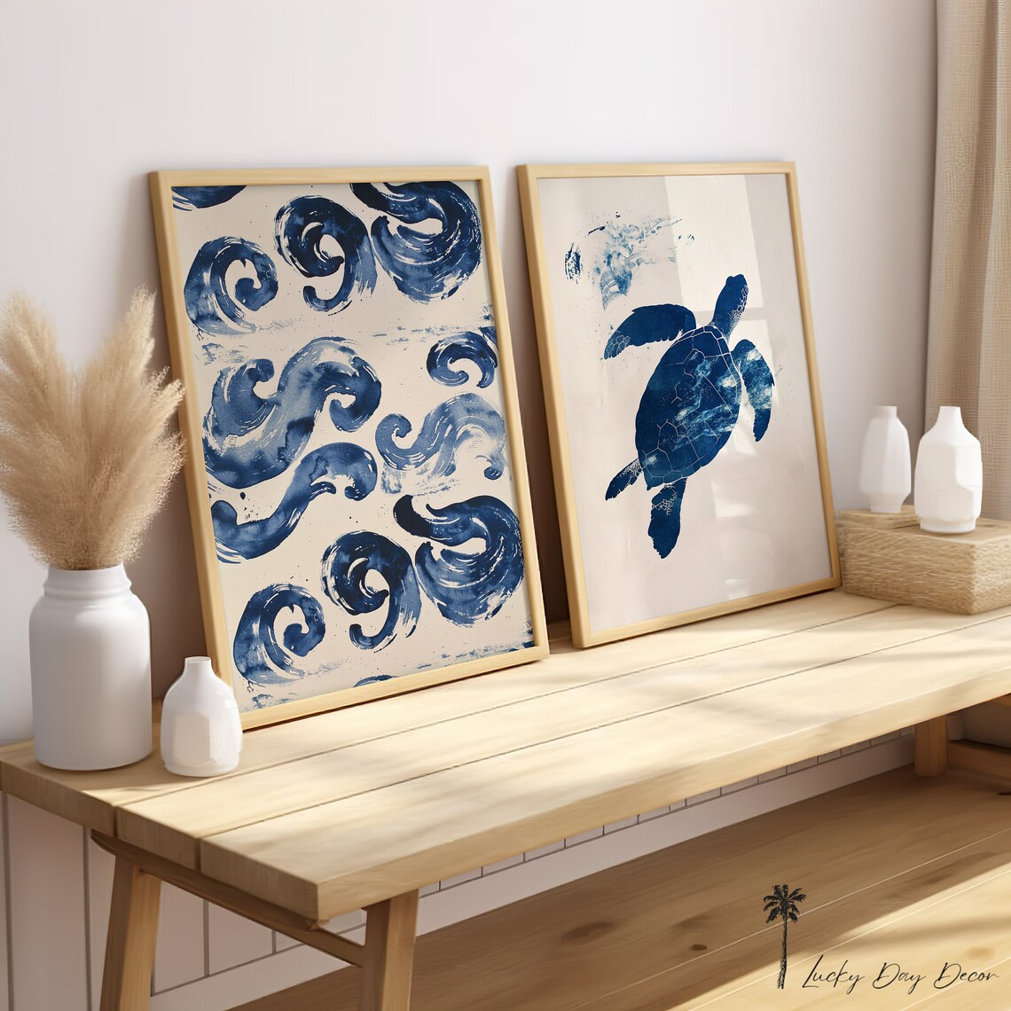 Abstract Sealife Set of 2 Waves & Turtle Navy Blue Coastal Art Sea ...