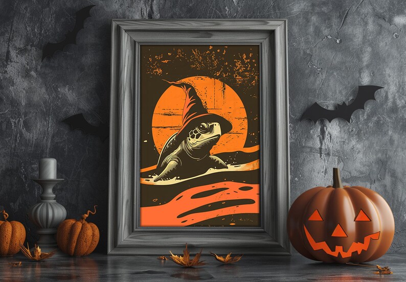 Halloween Coastal Sea Turtle Witch Hat Vintage Sketch Wall Art Trick or ...