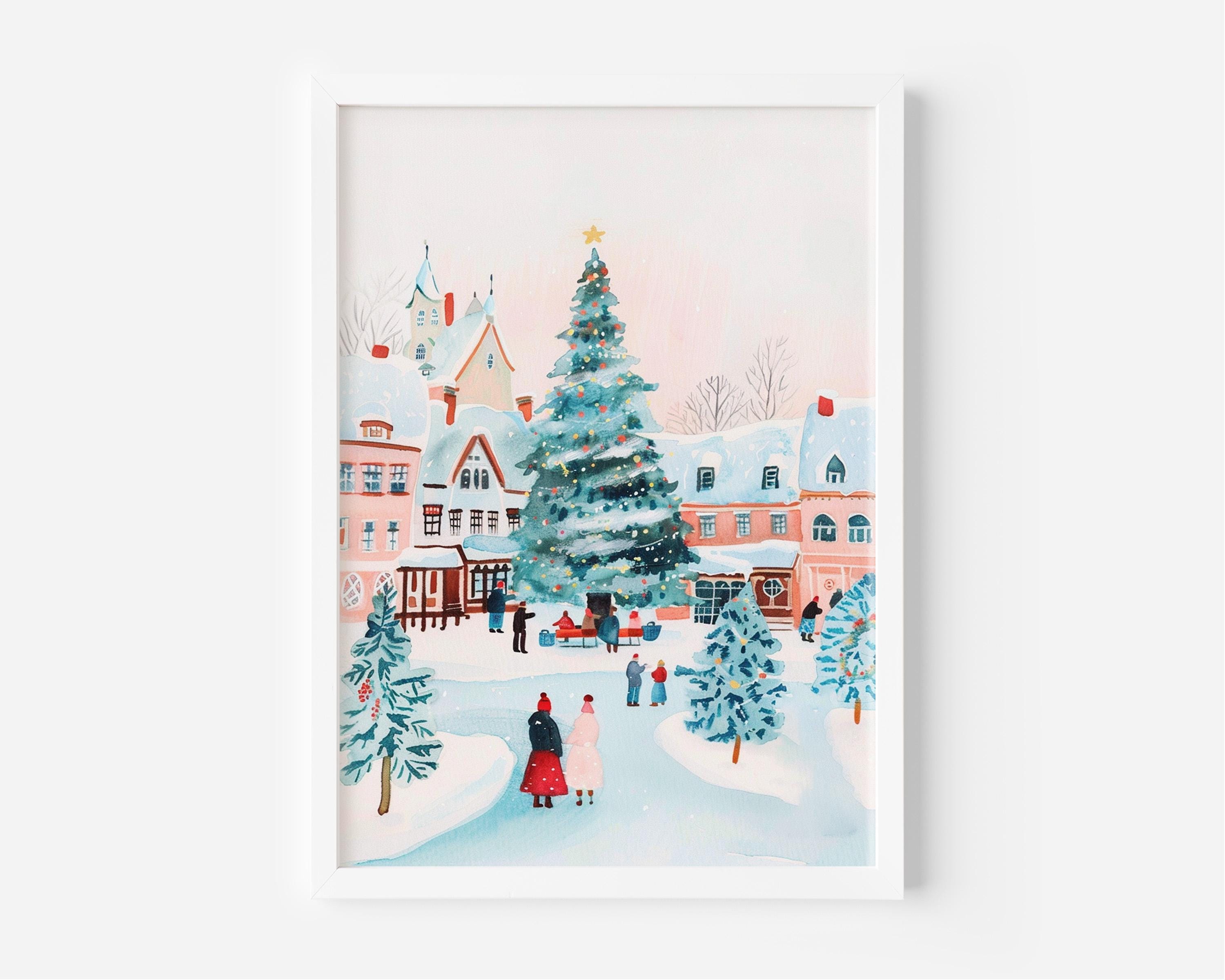 Christmas Village Painting - Vintage Pastel Pink Winter Art ...
