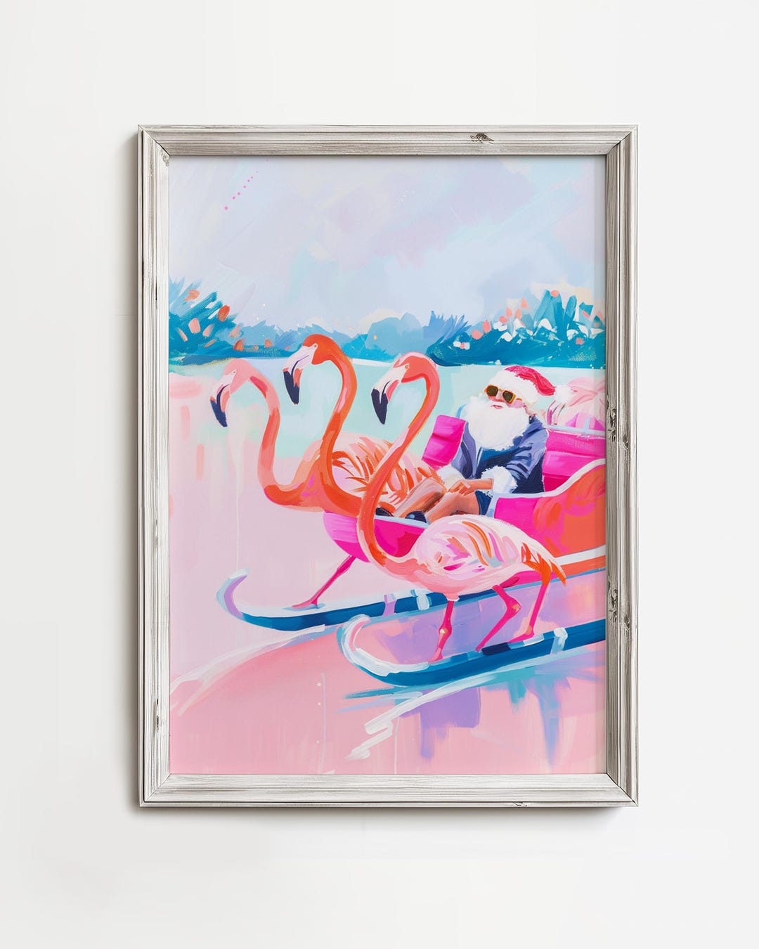 Santa Giving Flamingos Ride Christmas Pastel Pink Winter Holiday Wall ...