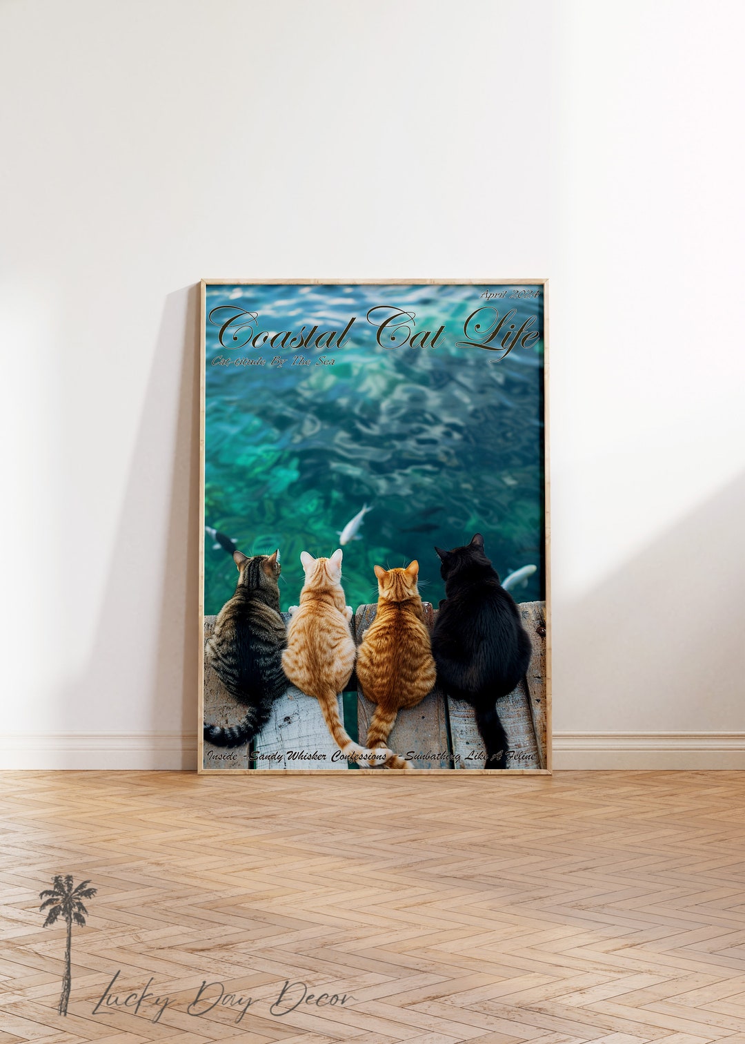 Coastal Cat Life Whimsical Beach Cats Catfishing on Dock Funny Felines ...