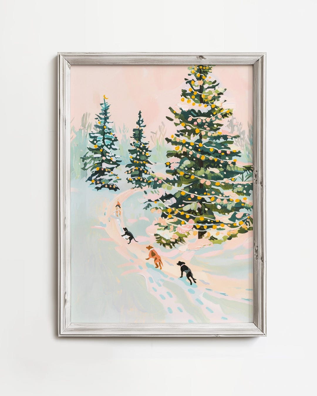 Vintage Pastel Mutt Painting Snowy Dog Trails Pink Winter Snow Art ...