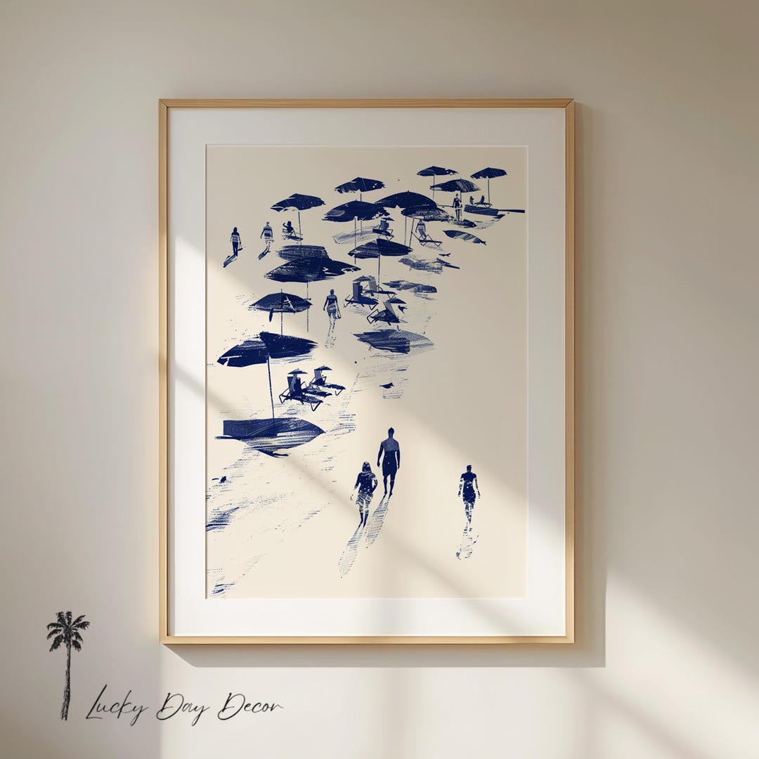 Coastal Breeze Beach Walk - Blue Vintage Beach Print - Coastal Summer ...