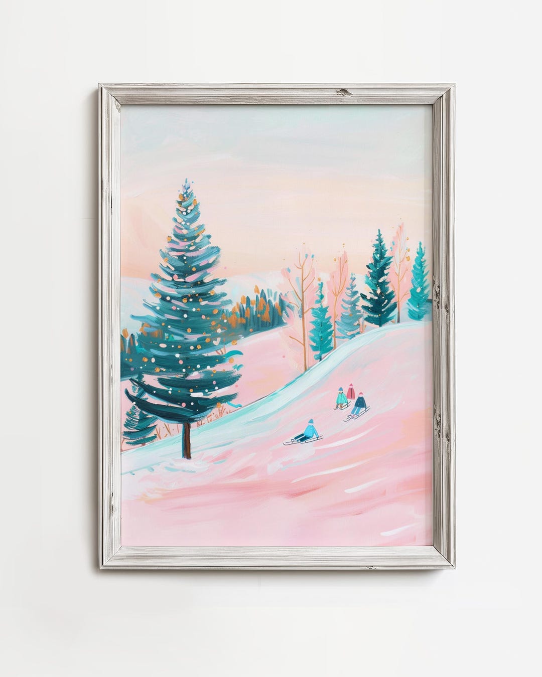 Children Sledding on Hill Christmas Pastel Painting Pink Winter Holiday ...