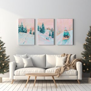 Vintage Snow Sledding Art Prints Set of 3 Pink Pastel Winter Paintings ...