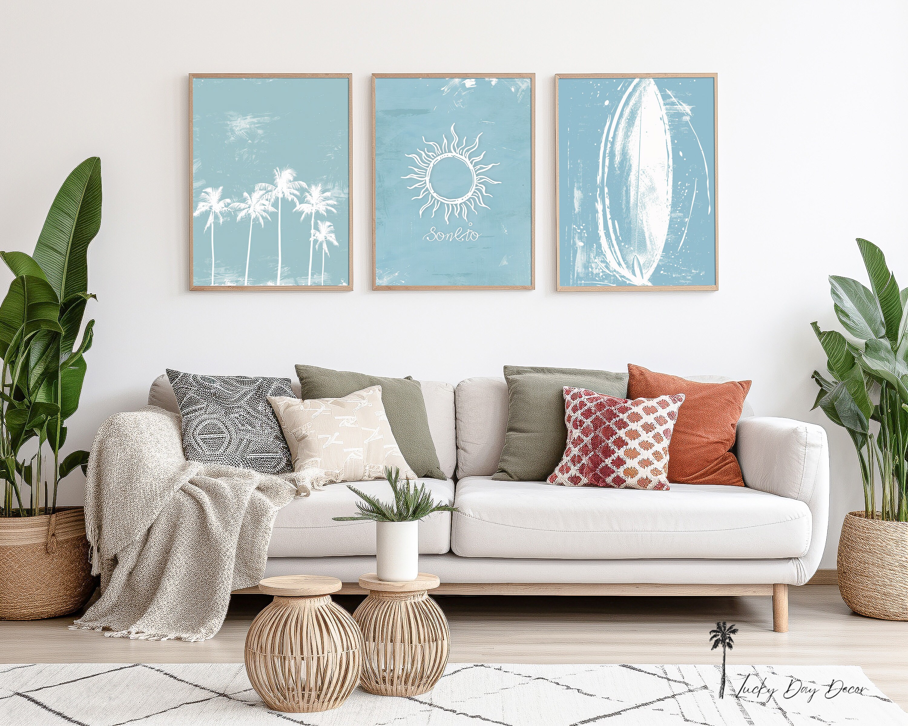 Sun Surfboard Palms | Collection of 3 Beach Art | Coastal Living Room Art | Soft Blue Turquoise ...