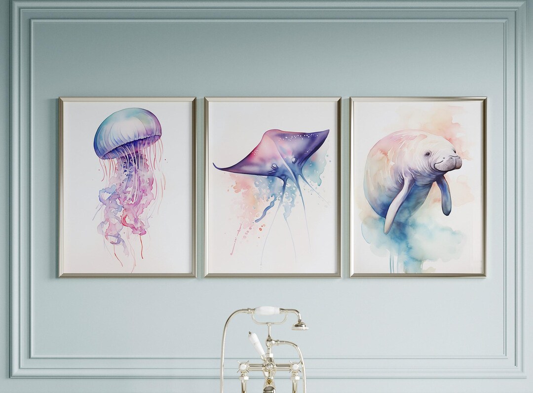 Watercolor Sealife Set of 3 | Stingray Jellyfish Manatee | Colorful ...