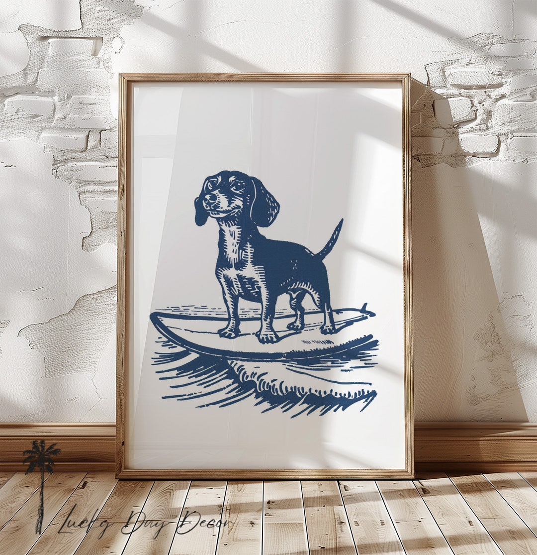 Surfing Dog Happy Weiner Dog Sketch Print Vintage Coastal Home Print ...
