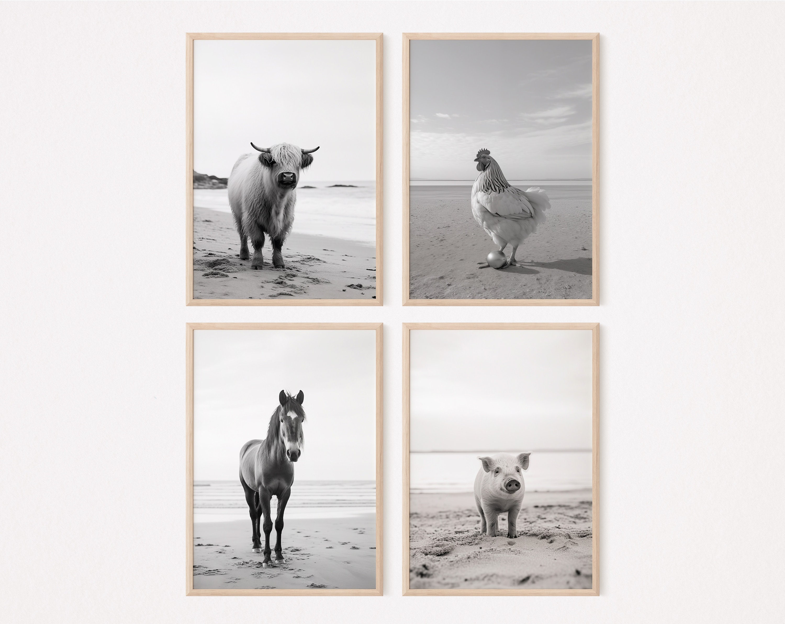 Farm Animals on Beach - Collection of 4 Coastal Prints - Horse Pig Cow ...
