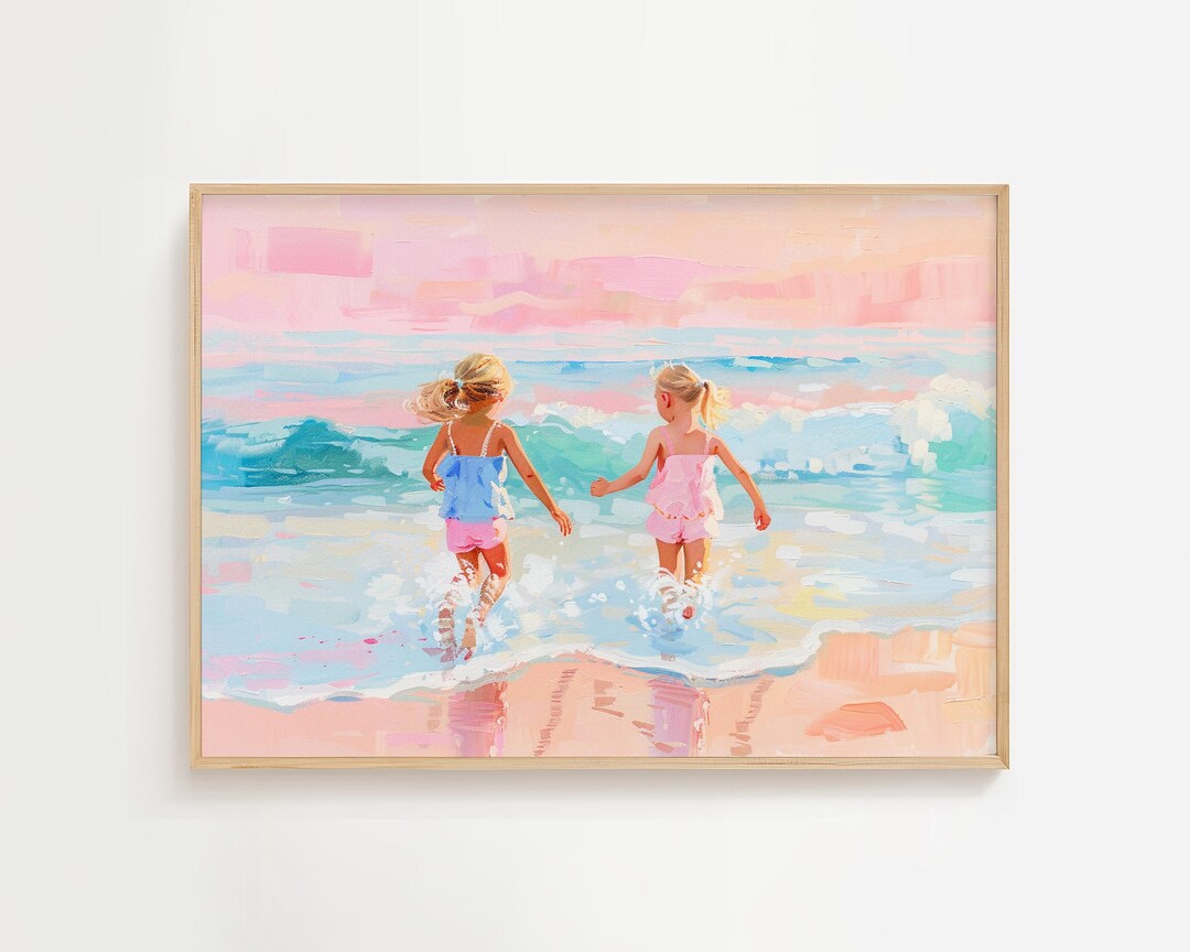 Girls Playing in Waves | Cute Children's Beach Day | Pink Pastel ...