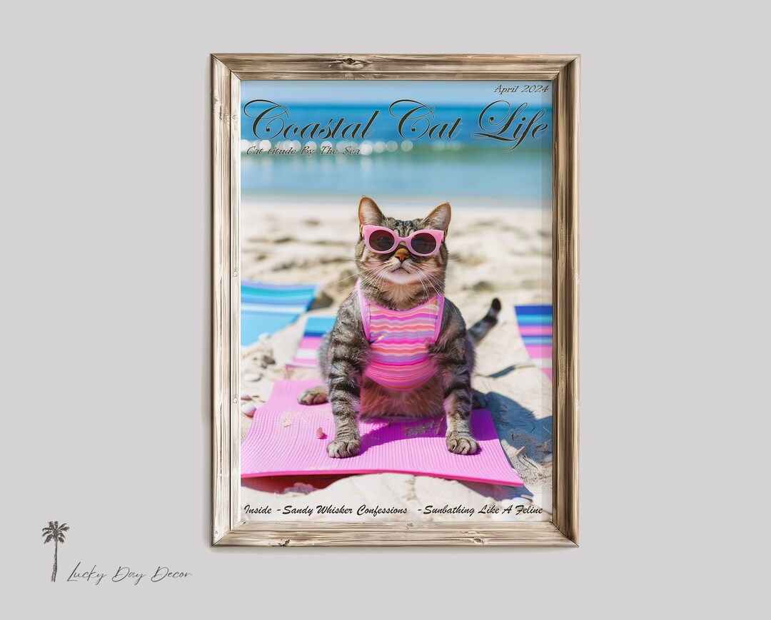 Coastal Cat Life Whimsical Beach Cats Cat in Pink Yoga Attire Trendy ...