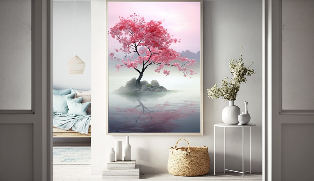 Japanese Pink Flowering Tree Art Download Dreamy Romantic Riverscape ...