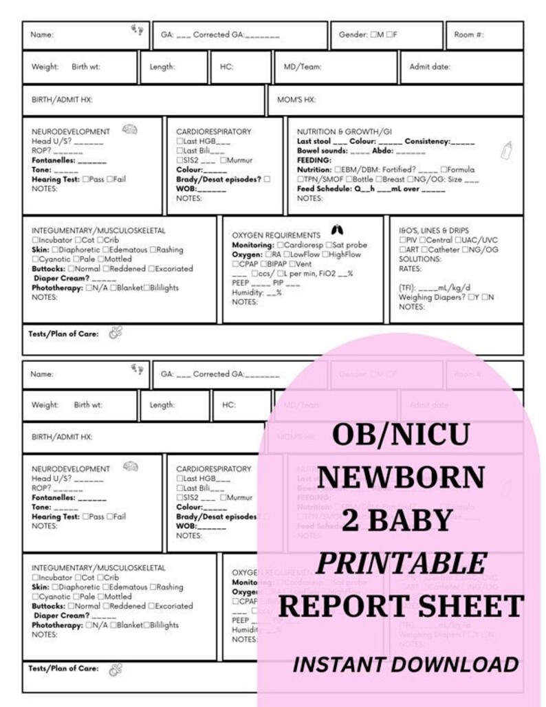OB NICU NEWBORN Nurse Report Sheet Patient Handoff (digital Download ...