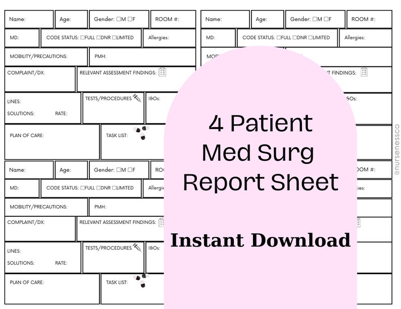 4 Patient Med Surg Nursing Report Sheet Nurse Report Sheet Printable ...