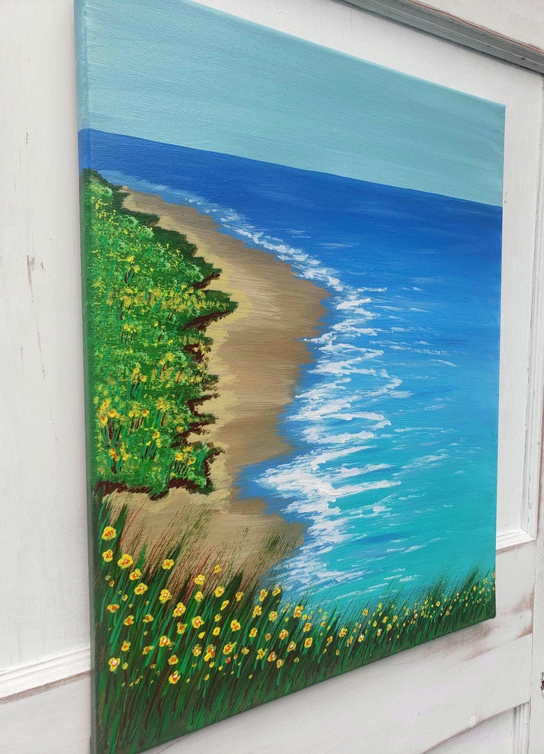 Beach Cliff View With Flowers Hand Painted Acrylic Canvas 16 X 20 - Etsy