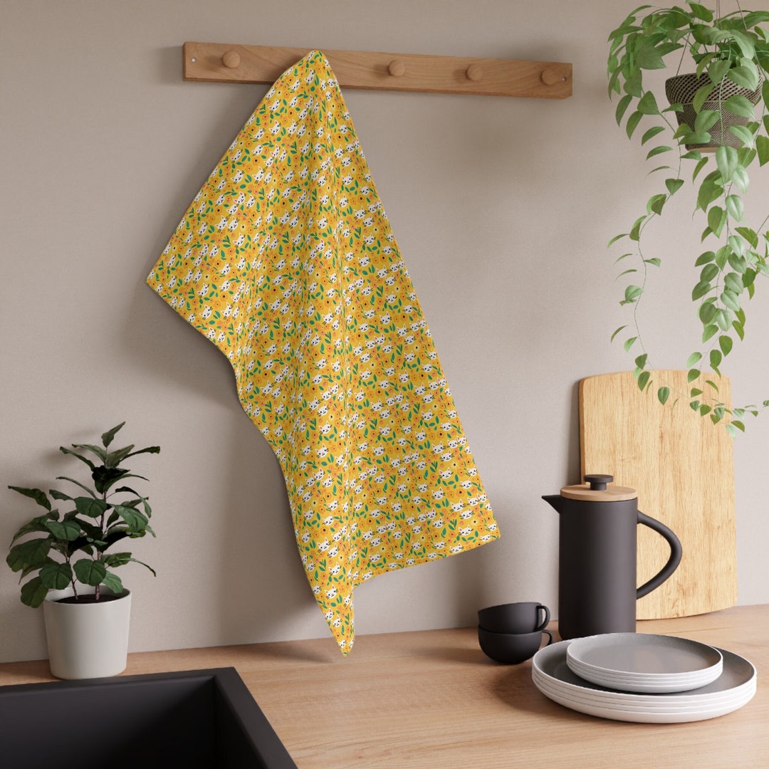 Yellow Cat Pattern Kitchen Towel, Cat Towel, Cat Print Towel, Yellow ...