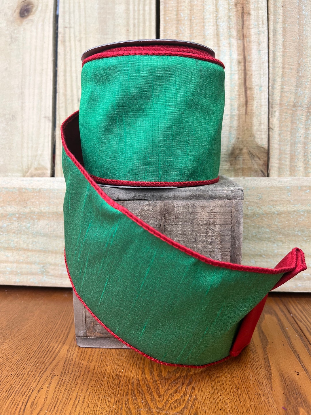Green & Red Dupioni Double Fused Double Sided 4” by 10y Wired Ribbon ...
