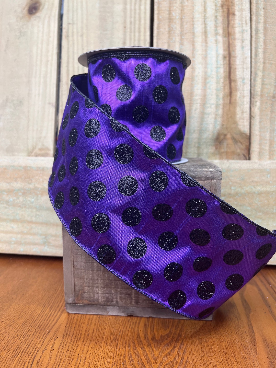 Purple and Black Glitter Pokadot 4in by 10Y Wired Ribbon, Farrisilk ...