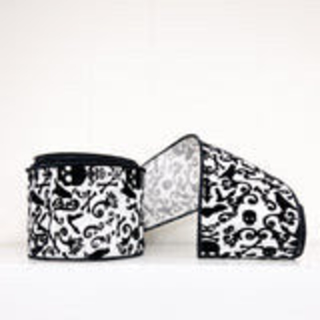 Black & White Skull, Crow and Cross Bones Flocked Dupioni 4 X 5Y Wired ...