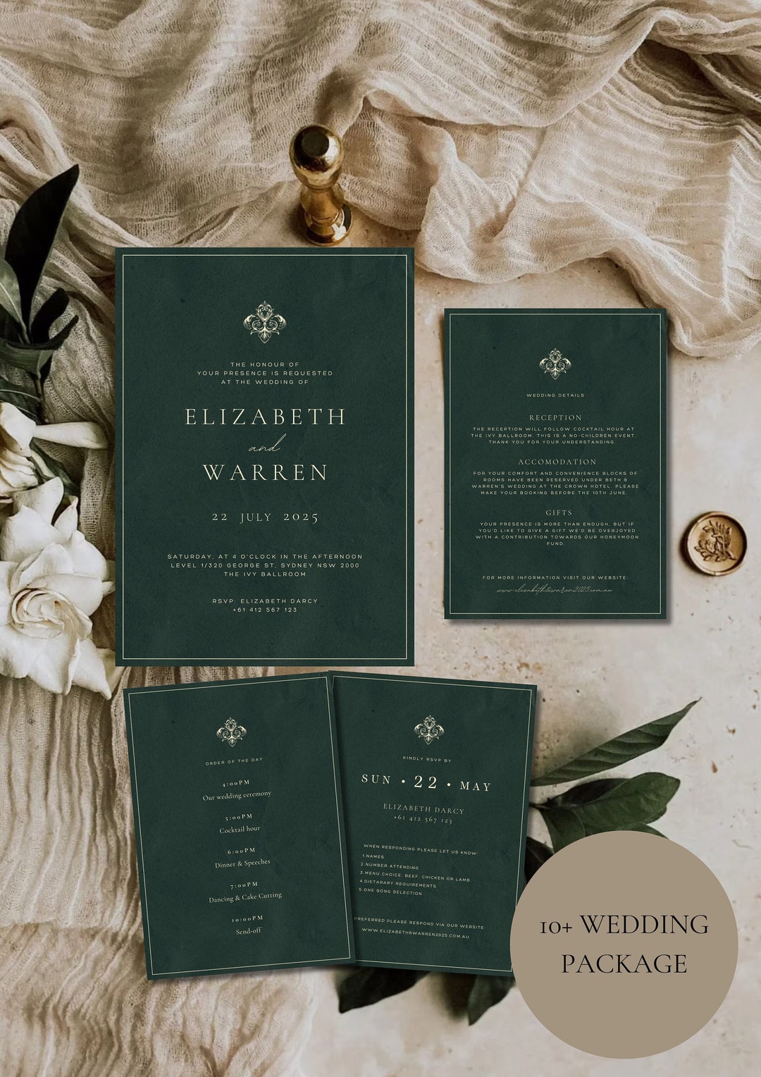 Elegant Forest Green 10 Piece Wedding Invitation Suite Save the Date ...