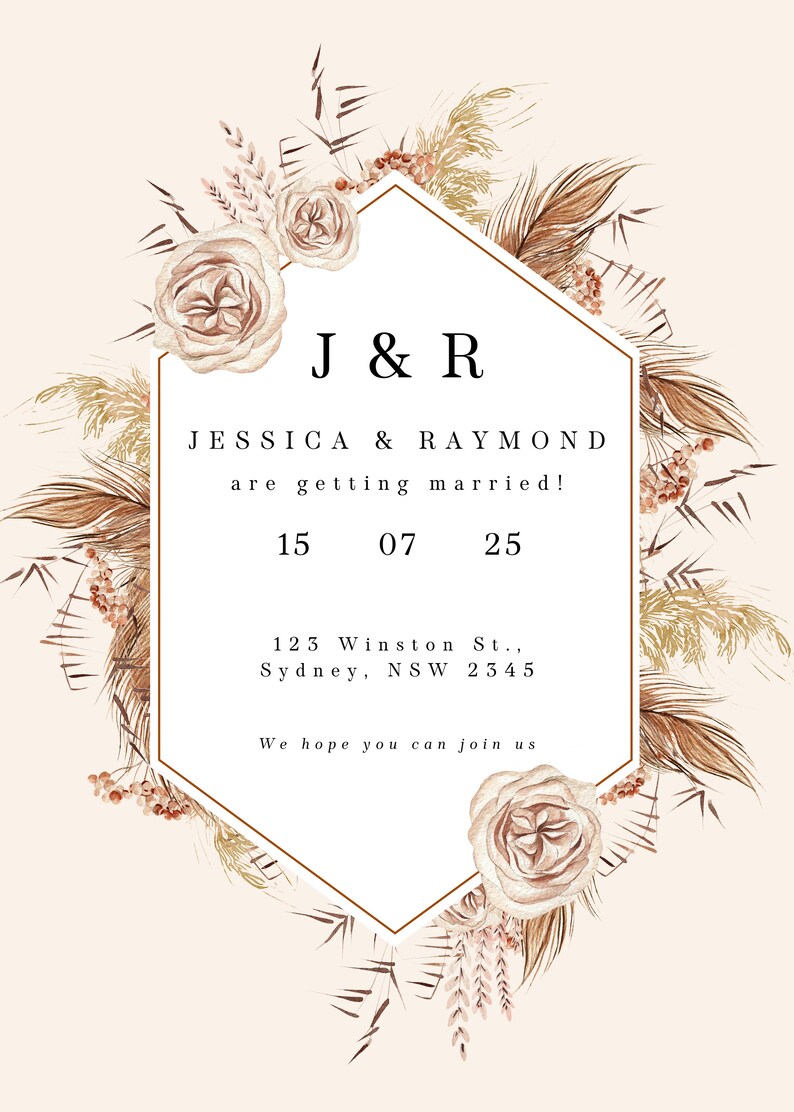 Chic Boho Wheat & Roses Wedding Invitation Template, Elegant Blush and Beige Botanical Design ...