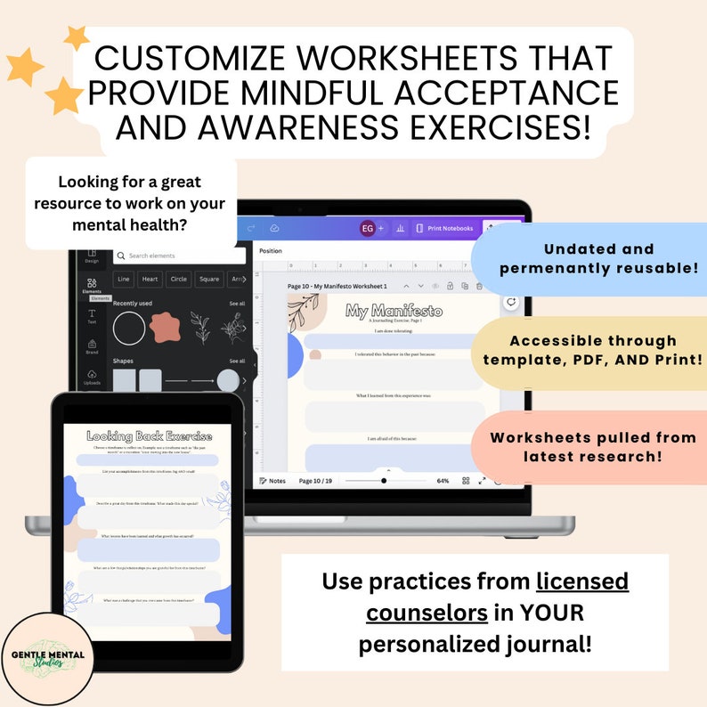 Acceptance + Awareness Mental Health Worksheet Canva Templates: EDIT ...
