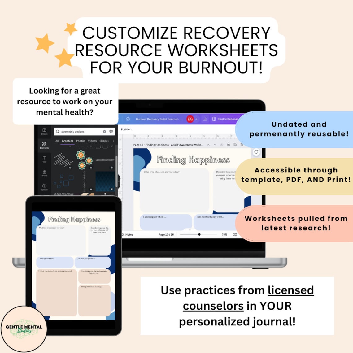 Burnout Recovery Mental Health Worksheet Canva Templates: Therapy ...