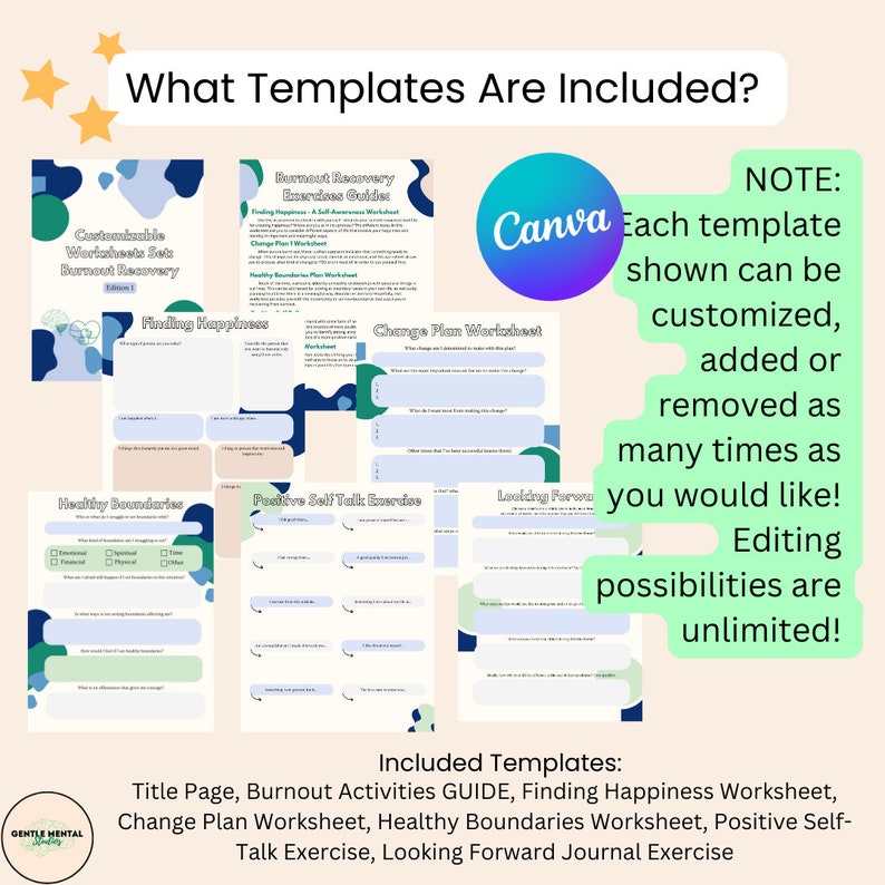 Burnout Recovery Mental Health Worksheet Canva Templates: Therapy ...