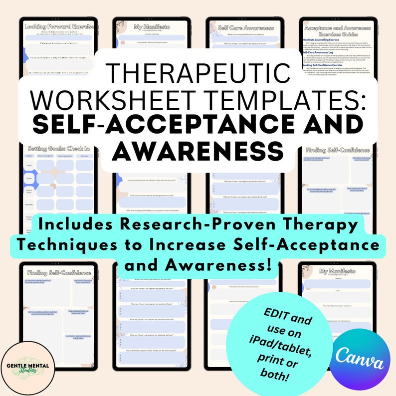 Acceptance + Awareness Mental Health Worksheet Canva Templates: EDIT ...