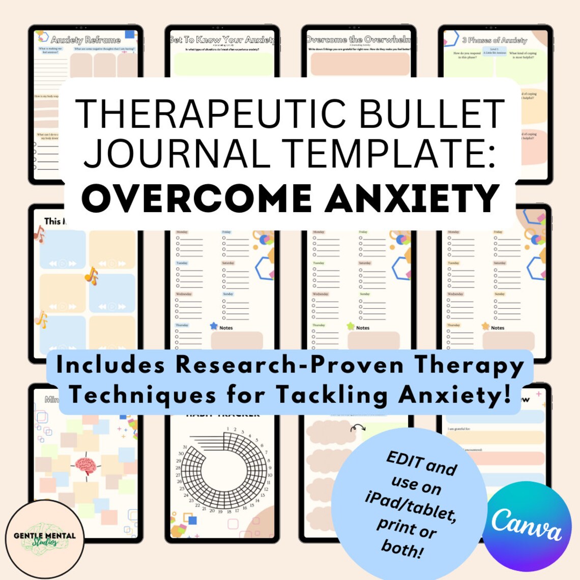 Therapeutic Anxiety Journal Canva Template / Mental Health Worksheets ...
