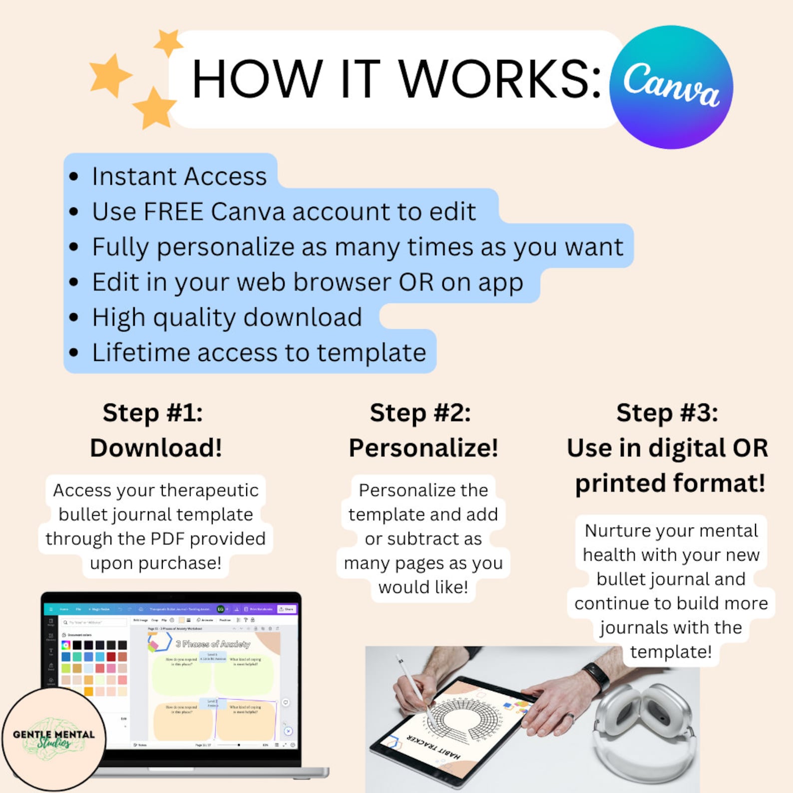 Anxiety Relief Journal Canva Template | Mental Health Tracker (digital ...