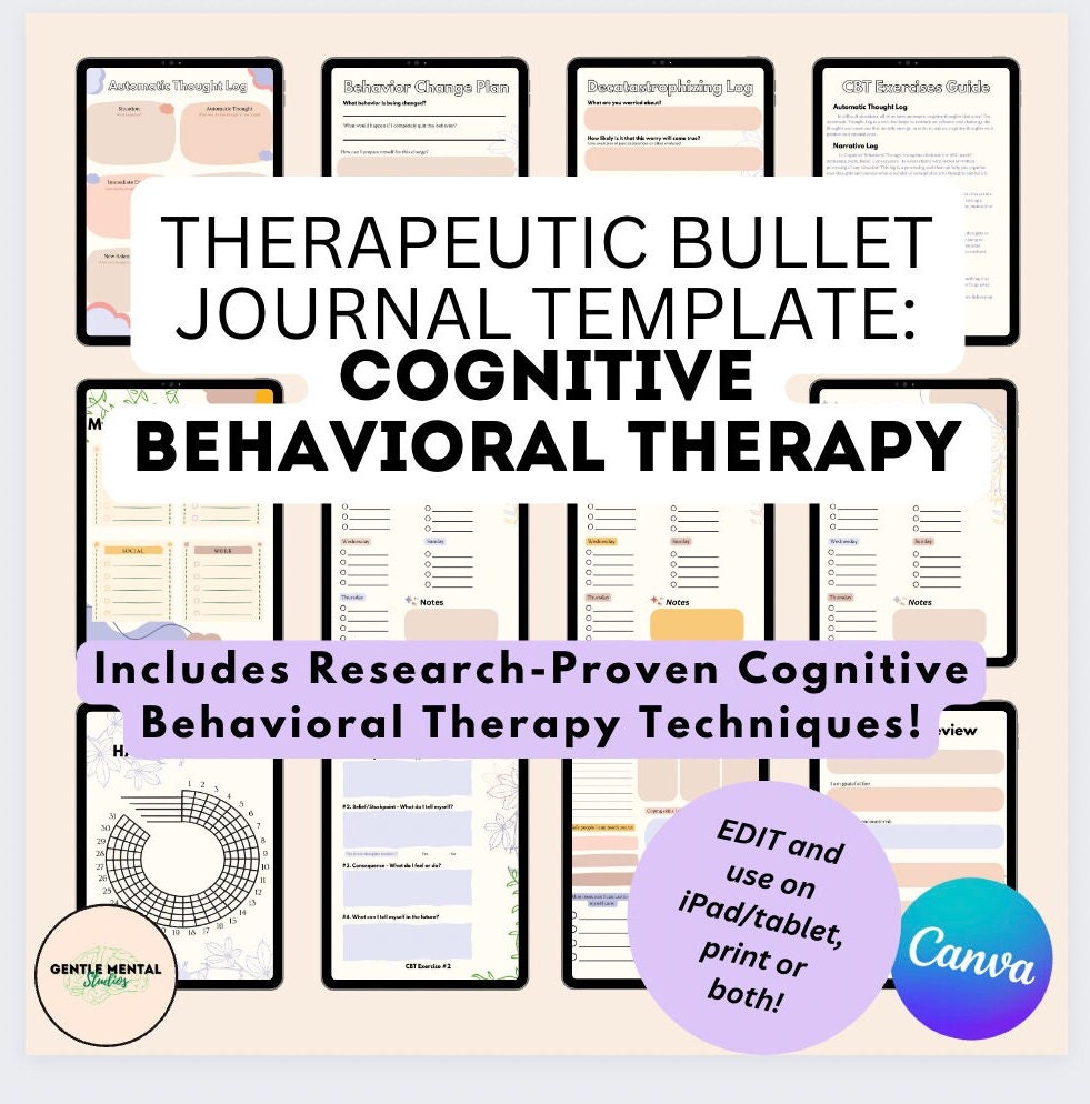 CBT Therapeutic Bullet Journal Canva Template CBT Therapy Worksheets Monthly Trackers Self-care ...