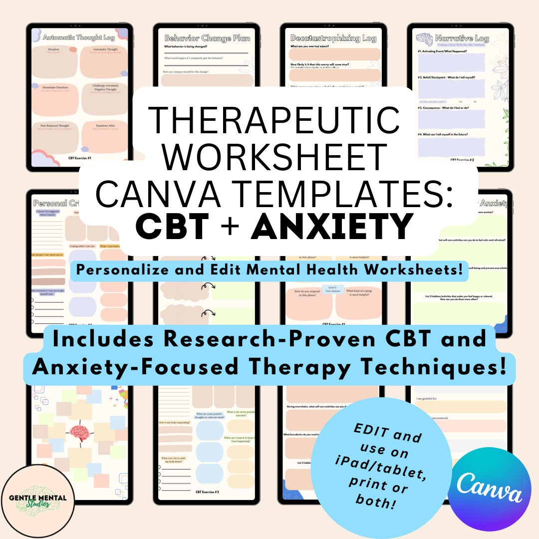 CBT & Anxiety Bundle Mental Health Worksheet Canva Templates: EDIT ...