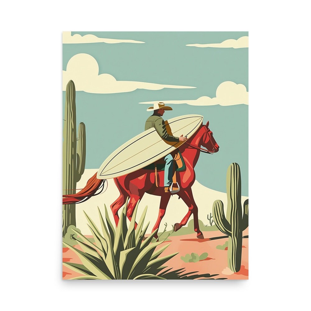 Surf Cowboy Horseback Desert Art Print - Western Illustration - Etsy