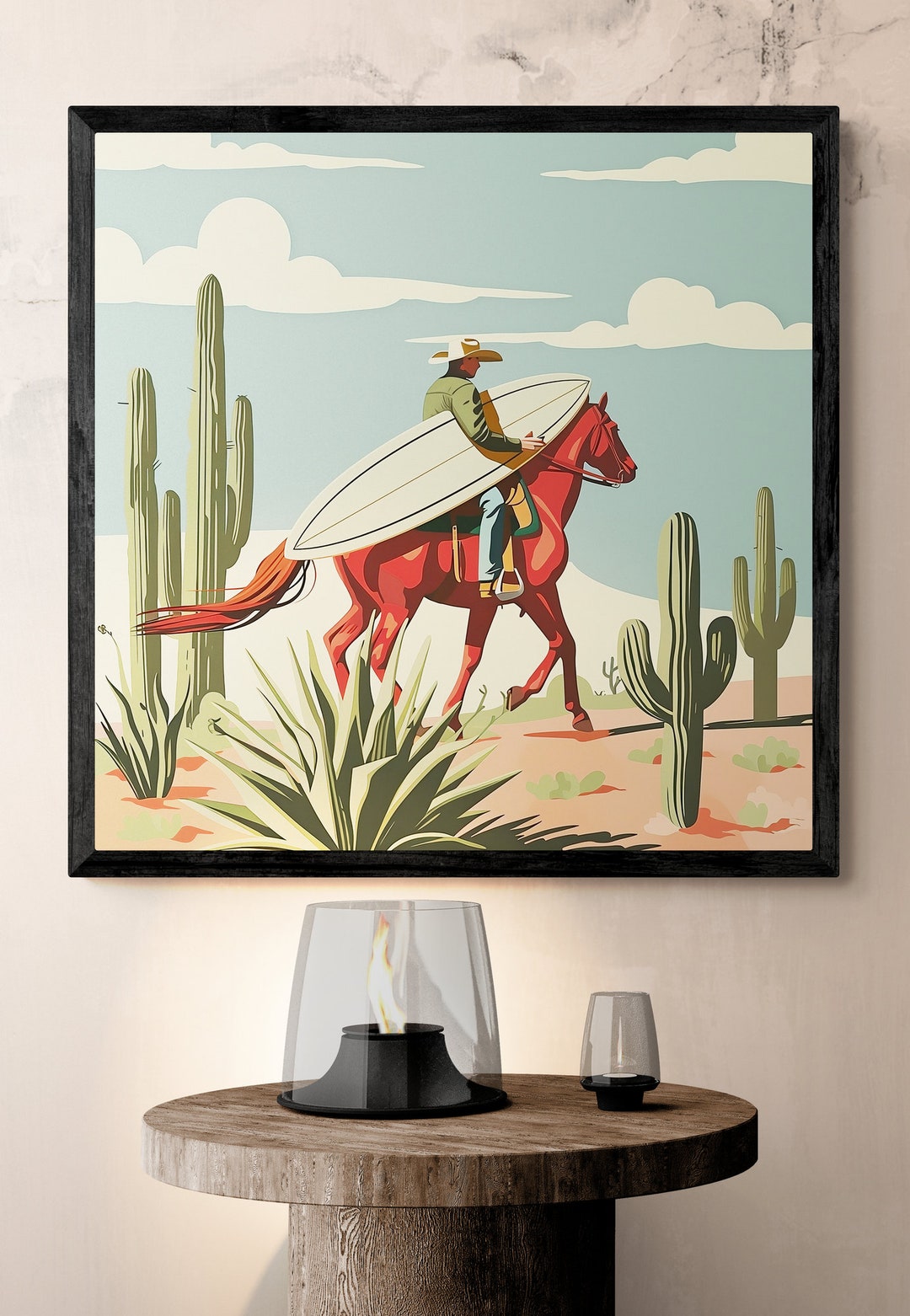 Surf Cowboy Horseback Desert Art Print - Western Illustration - Etsy