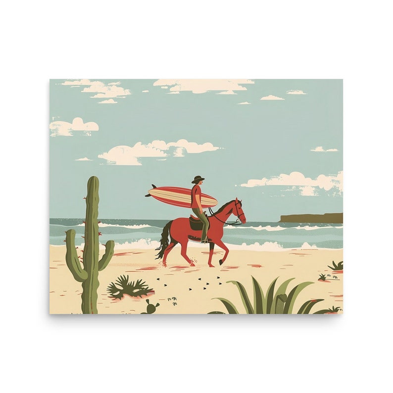 Surf Cowboy Riding a Horse Art Print Illustration - Horse Beach Walk ...