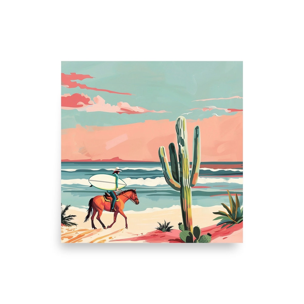 Surf Cowboy Riding a Horse Art Print Illustration - Pink Skies Beach ...