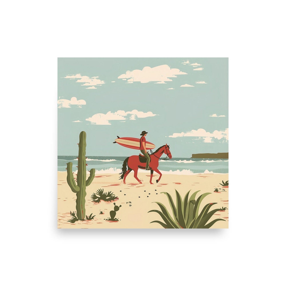 Surf Cowboy Horseback Ride Art Print - Western Beach Illustration - Etsy