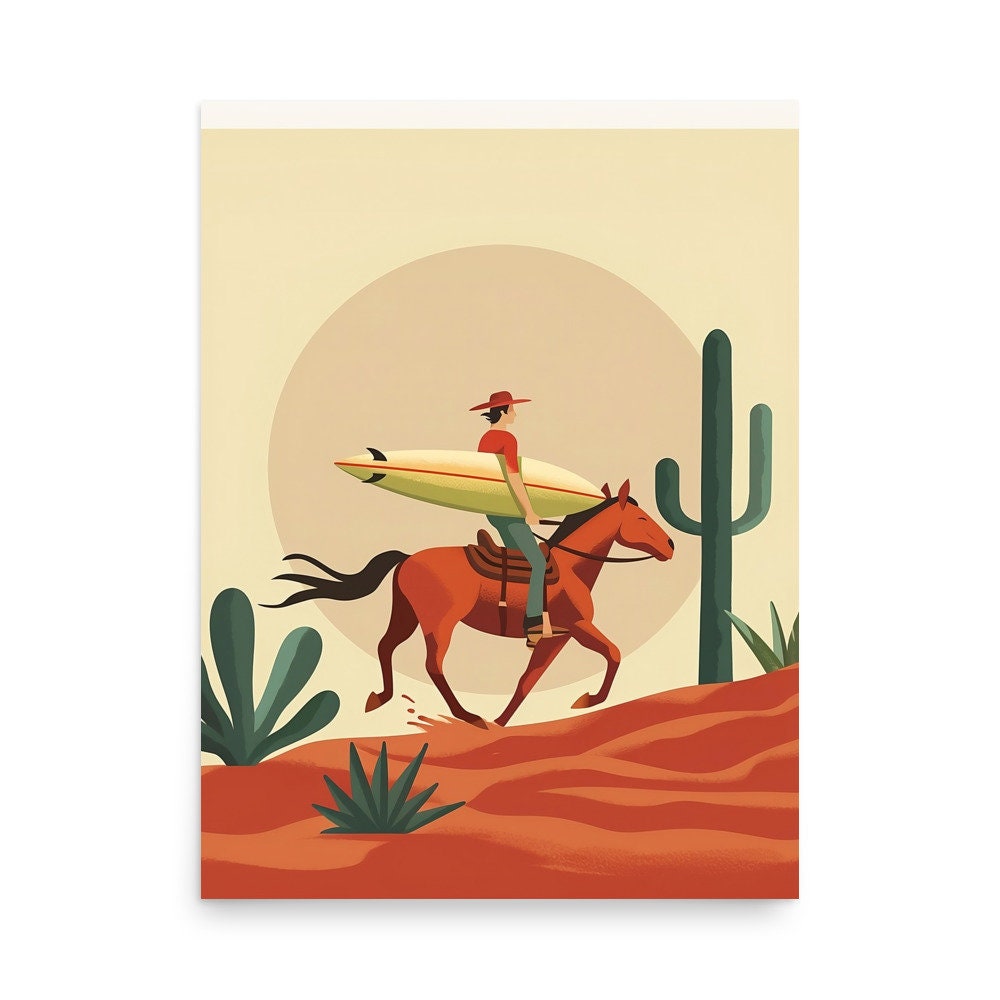 Surf Cowboy Riding a Horse Art Print Illustration - Surf Trip on ...