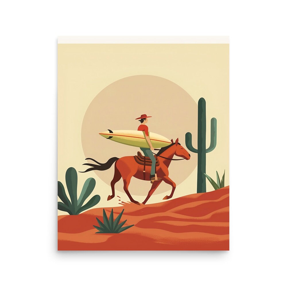 Surf Cowboy Riding a Horse Art Print Illustration - Surf Trip on ...
