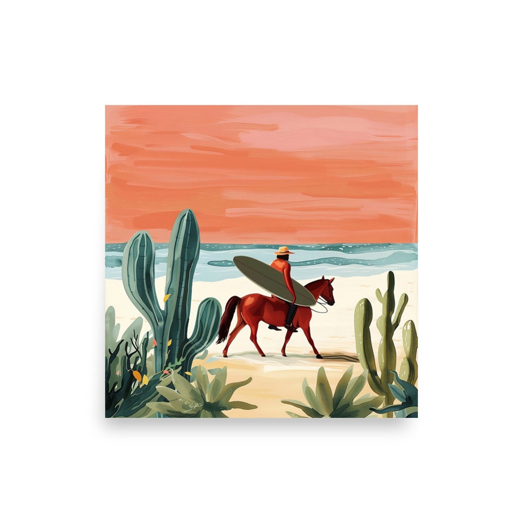 Surf Cowboy Riding a Horse Art Print Illustration Searching for Surf on ...