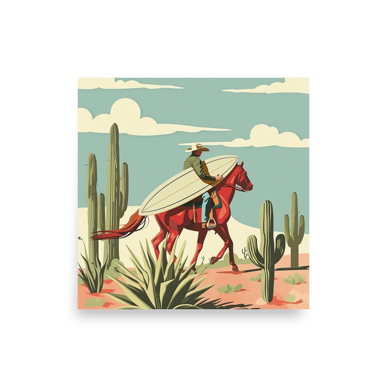 Surf Cowboy Riding a Horse Art Print Illustration - Horse Desert Walk ...
