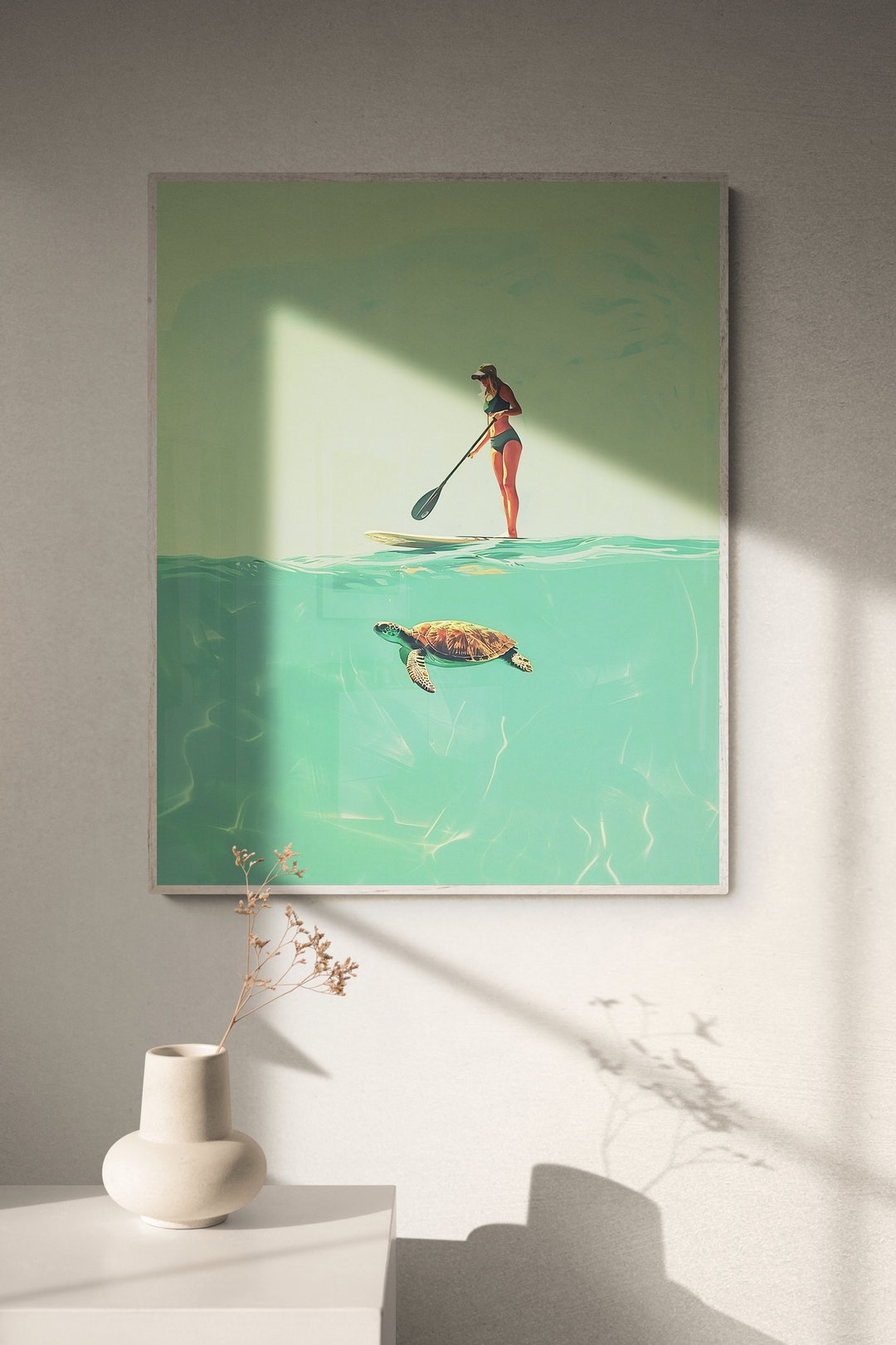 Sea Turtle Art Print: Stand up Paddle Board Girl Ocean Illustration - Etsy