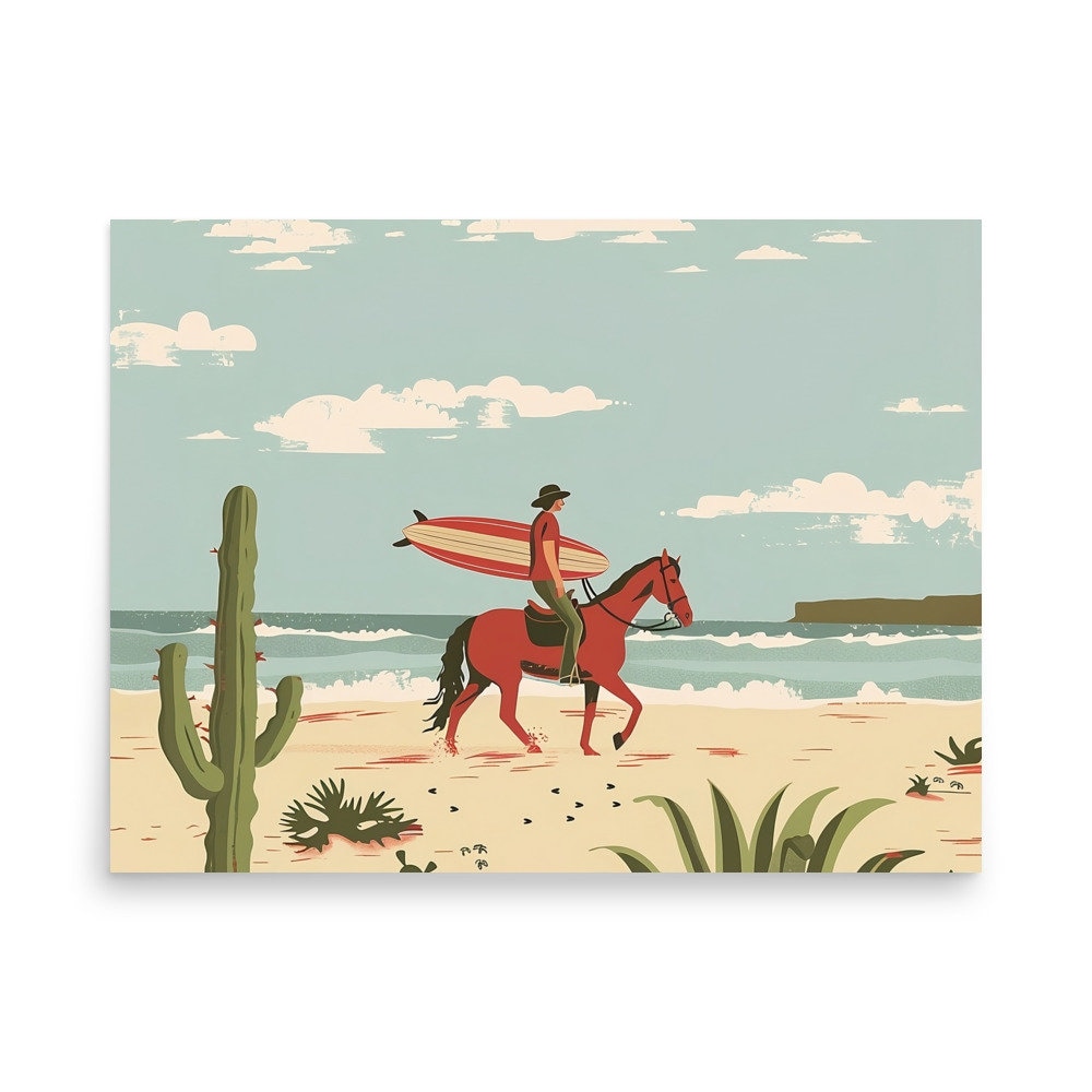 Surf Cowboy Horseback Ride Art Print - Western Beach Illustration - Etsy
