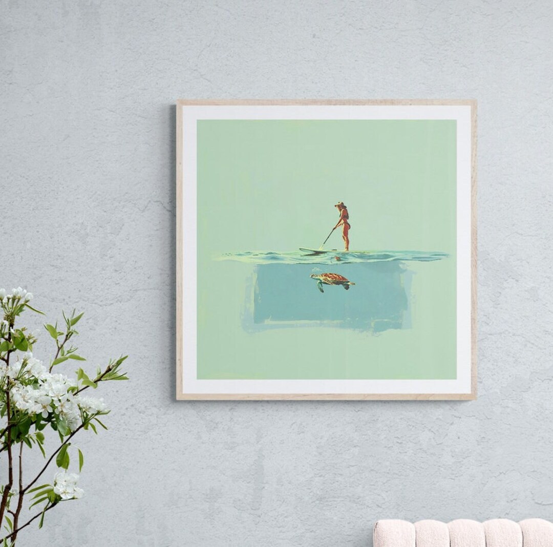 Stand up Paddle Boarder Girl Sea Turtle Swimming Under Paddle Board ...
