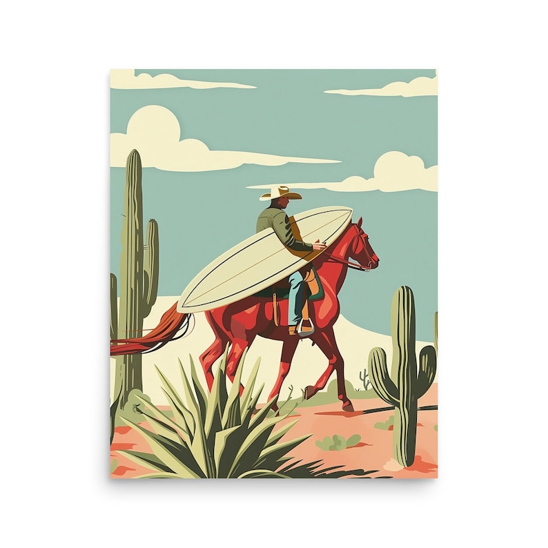 Surf Cowboy Riding a Horse Art Print Illustration - Horse Desert Walk ...