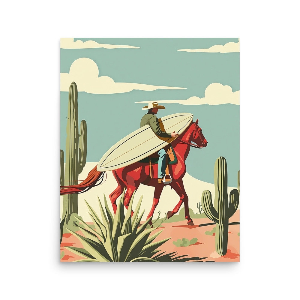 Surf Cowboy Riding a Horse Art Print Illustration - Horse Desert Walk ...